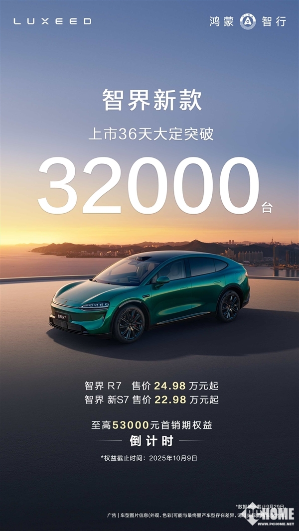 新款智界R7/S7上市36天，大定突破3.2万台